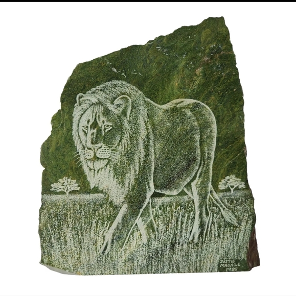 Hand made | Art | Vintage Lion Etched Verdite Stone Rock Dated And ...